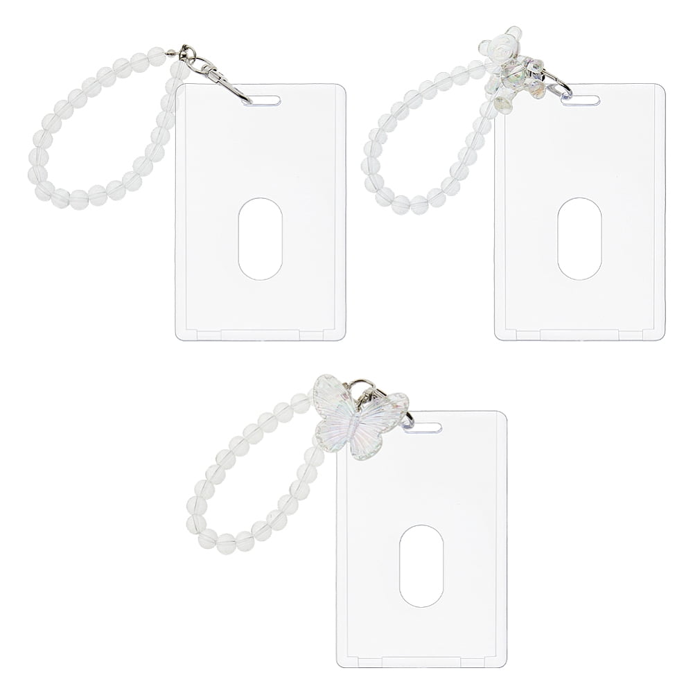 3Pcs Plastic ID Card with 2Pcs Glass Hanging Beaded Keychain Wrist ...