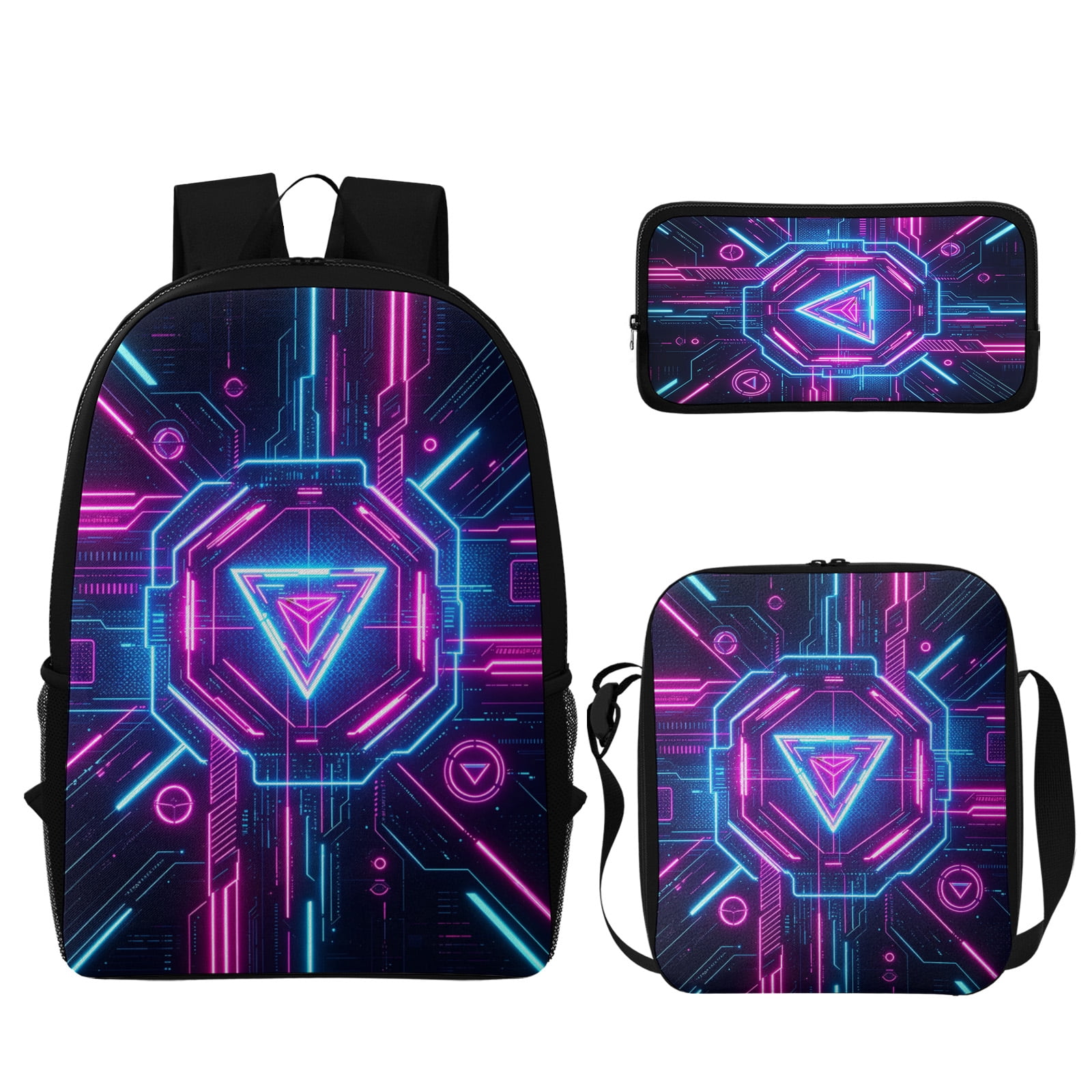 3Pcs Printed Backpack Set, Durable Cyberpunk Neon Circuit Triangle Tech ...
