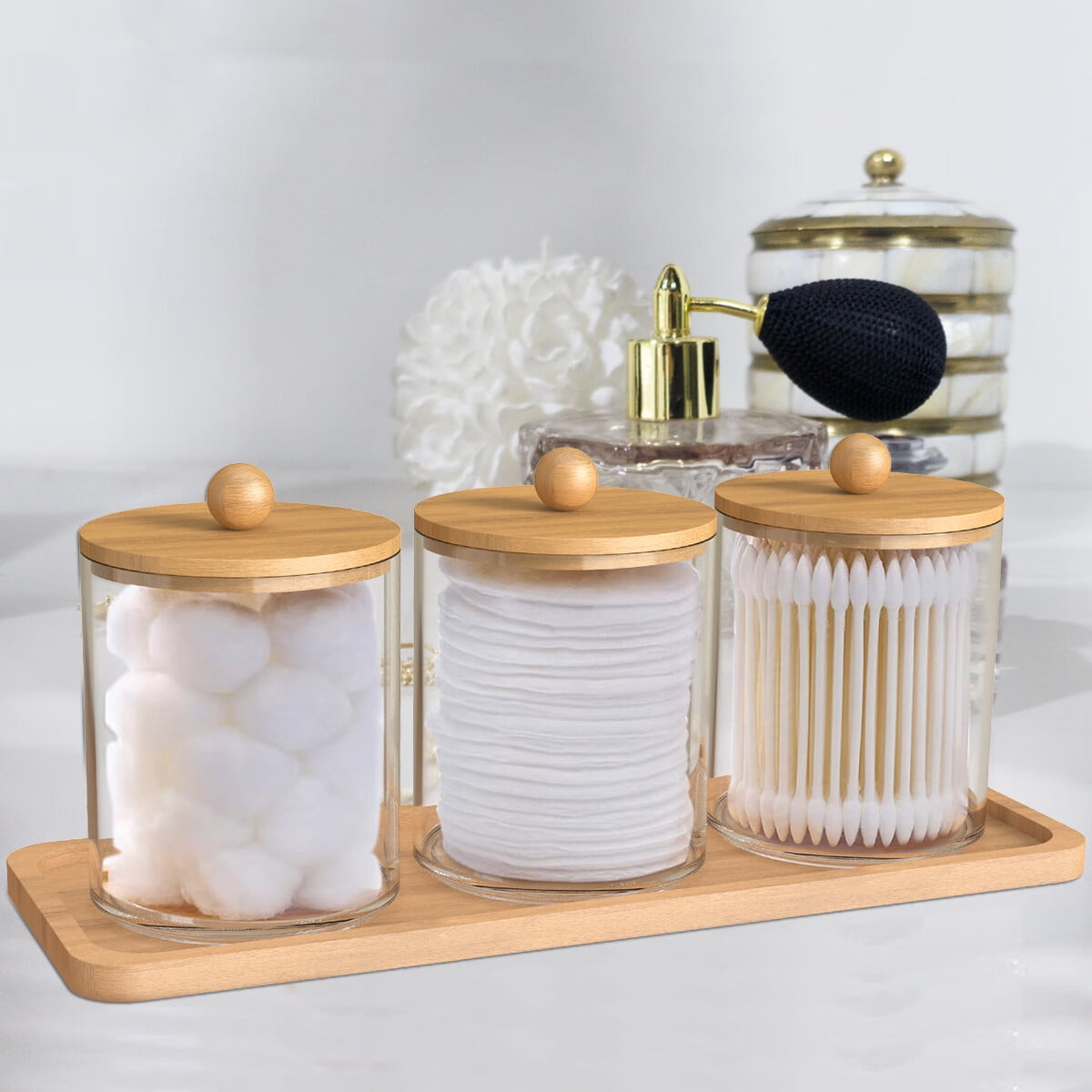 3Pcs Qtip Holder Dispenser with Bamboo Lids Clear Acrylic Bathroom Jars ...
