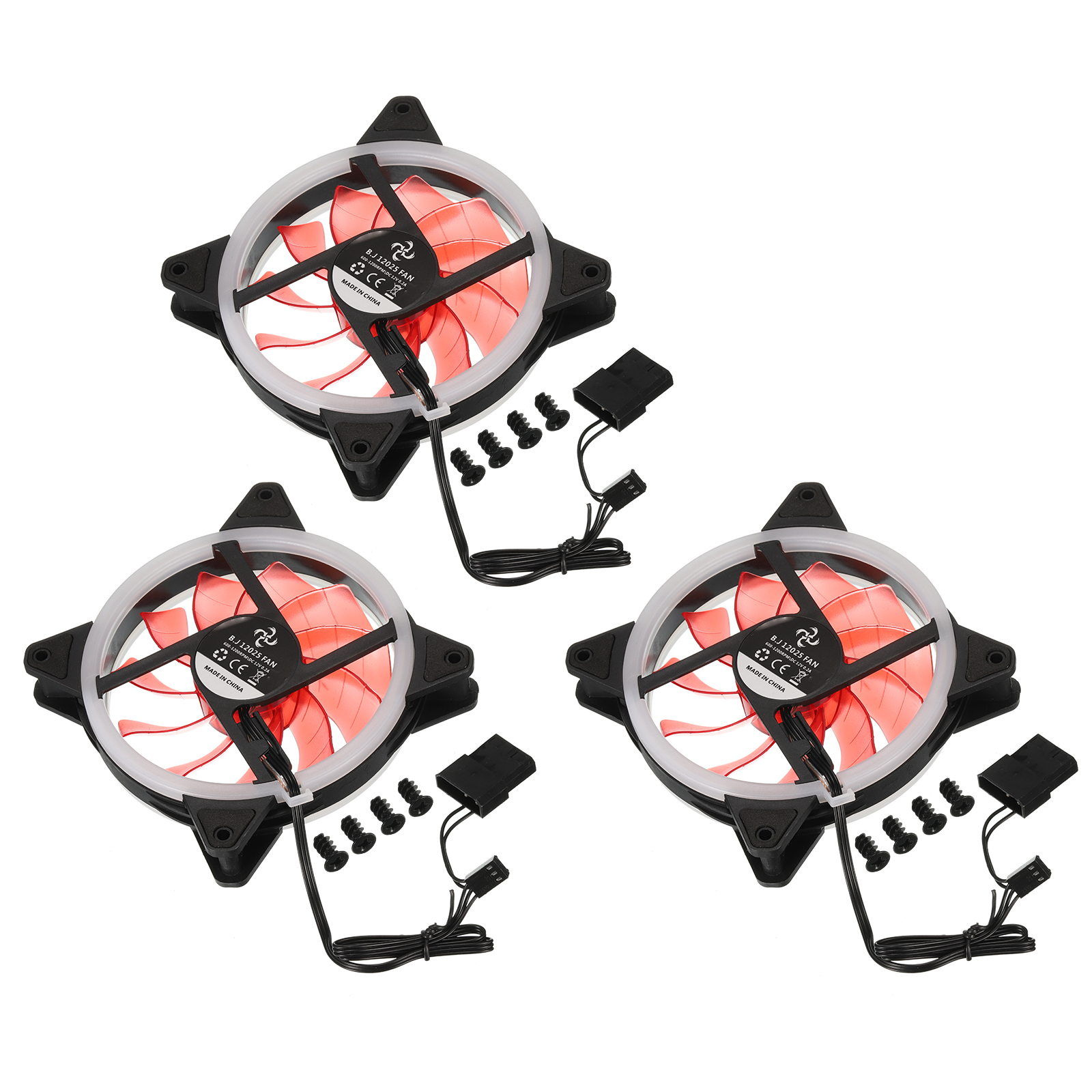 3Pcs RGB Computer Case Fan 600-1200RPM 120mm 3-4 Pin Red Silent Cooling ...