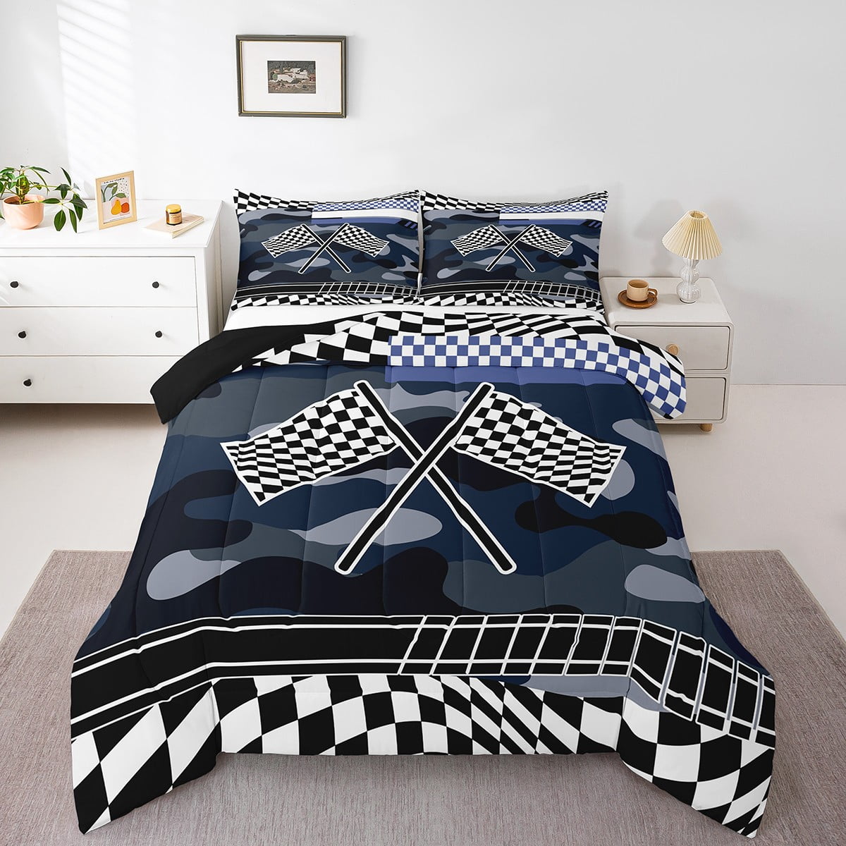 3Pcs Racing Car Comforter Set Racing Plaid Queen Size Bedding with Cool ...