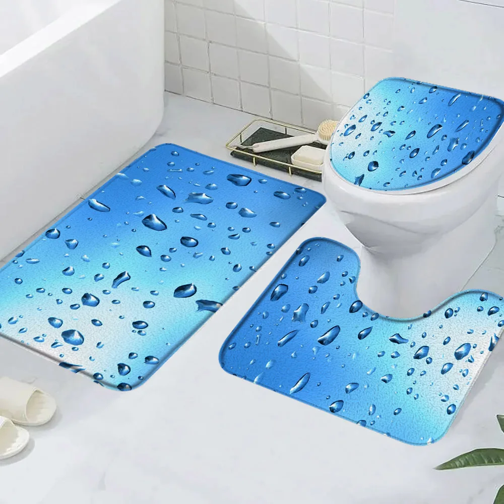 3Pcs Raindrop Bubble Bath Mat Water Drops Blue Background Modern ...