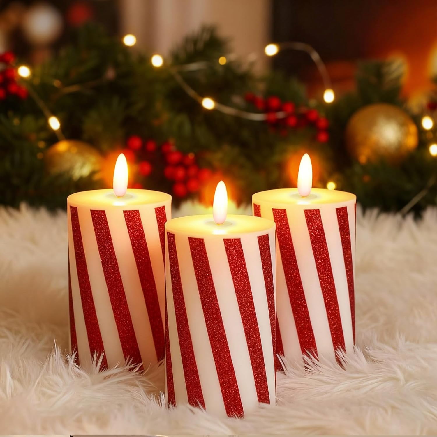 3Pcs Red Flameless Heart-Shaped Pillar Candles, Candy Cane Thick Stripe ...