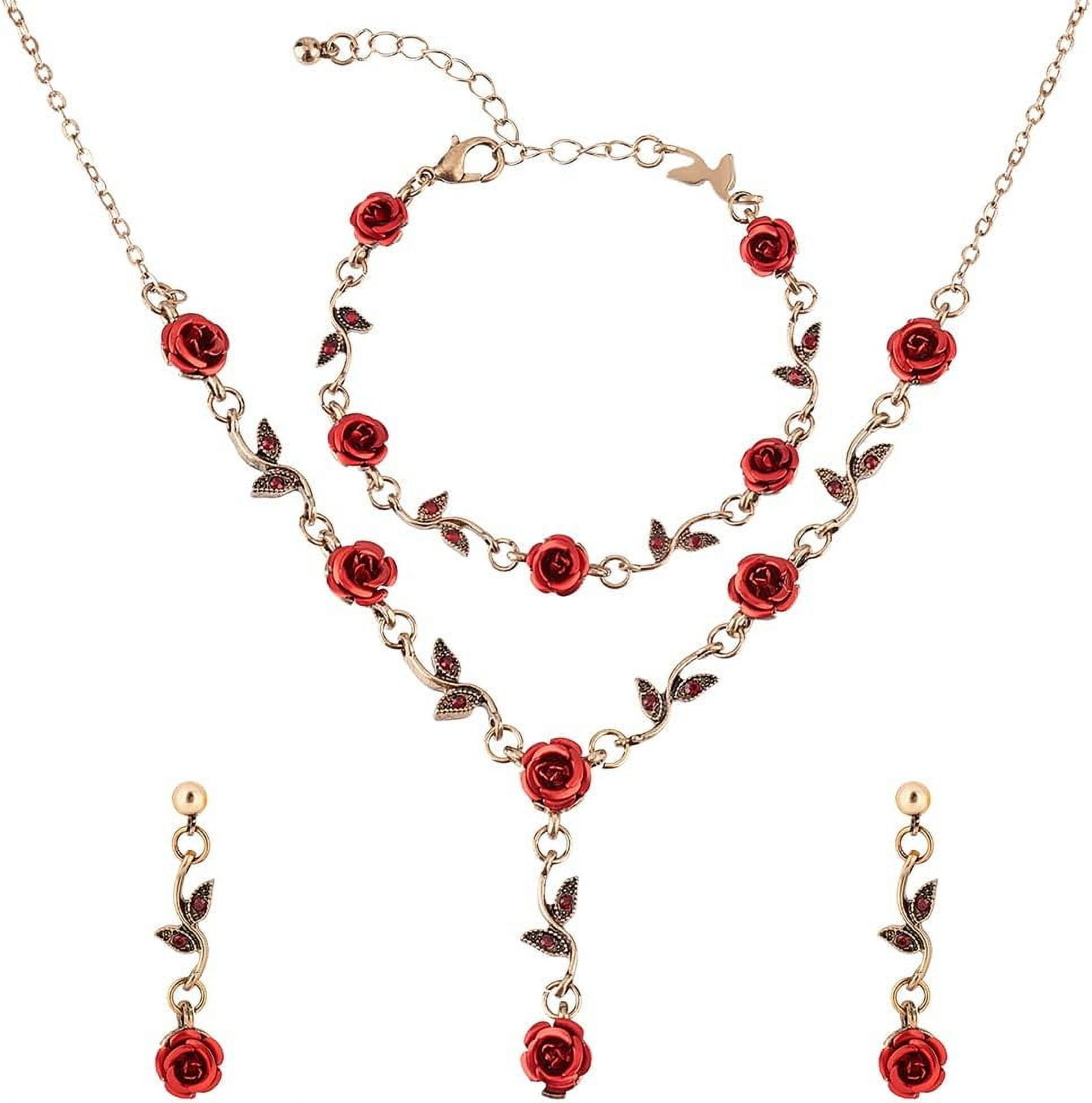 3Pcs Red Rose Jewelry Set Vintage Flower Jewelry Dangle Set Rose ...