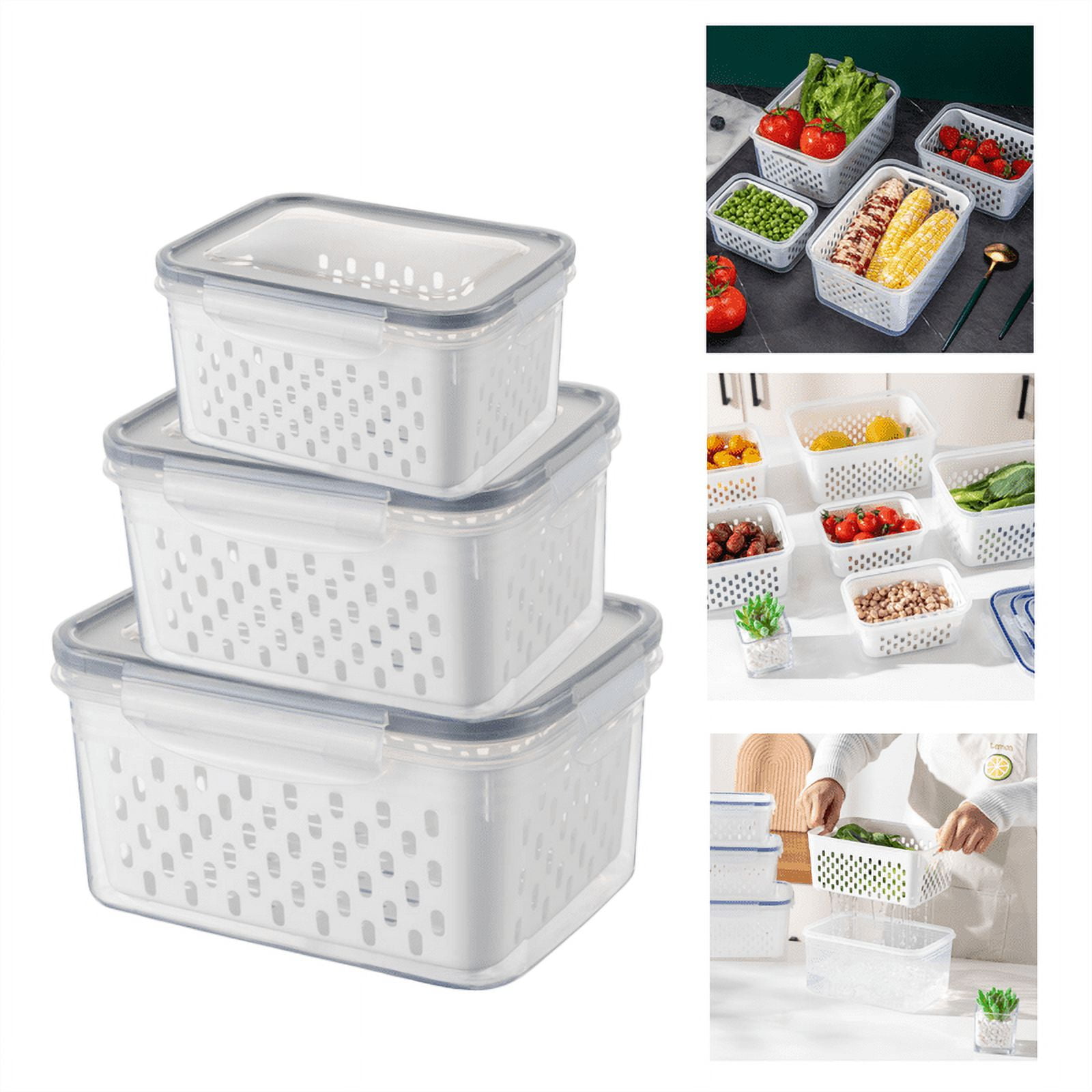 3Pcs Refrigerator Crisper with Drainer Basket, Dingrich Storage Box ...