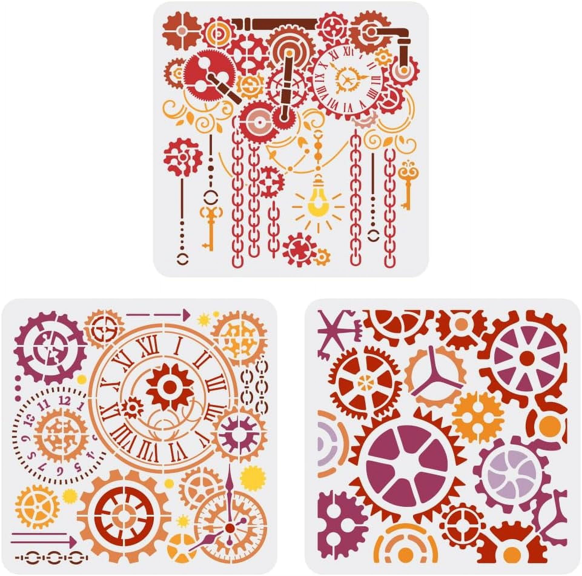 3Pcs Retro Gear Painting Stencil 11.8x11.8inch Reusable Steampunk Gear ...