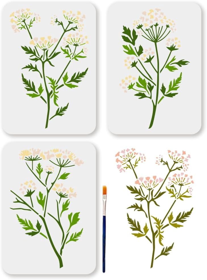 3Pcs Reusable Wild Parsley Stencil 11.7x8.26Inchs Anthriscus Sylvestris ...