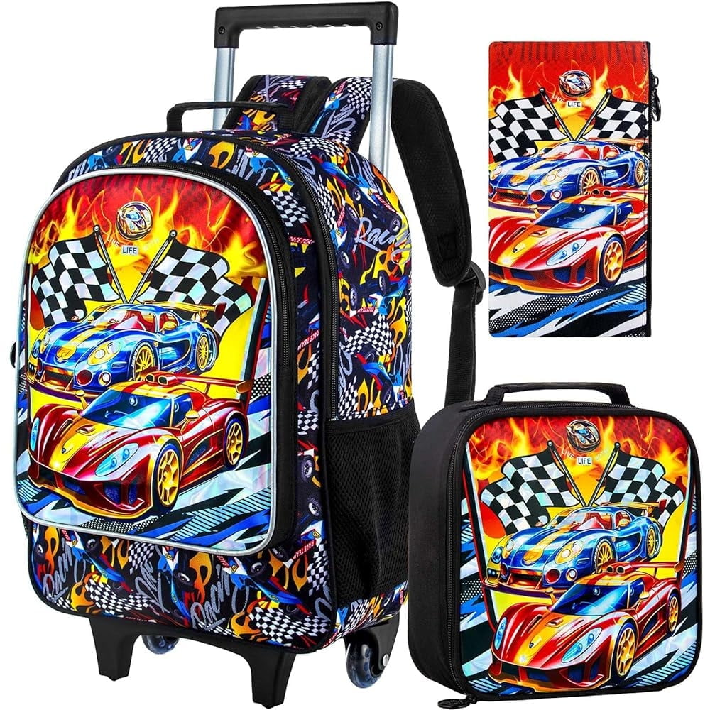 3Pcs Rolling Backpack for Boys, Kids Roller Bookbag with Wheels, Car ...