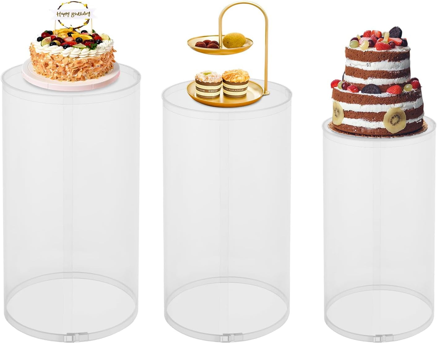 3Pcs Round Cylinder Pedestal Stands for Party, Clear Plinth Pillars ...