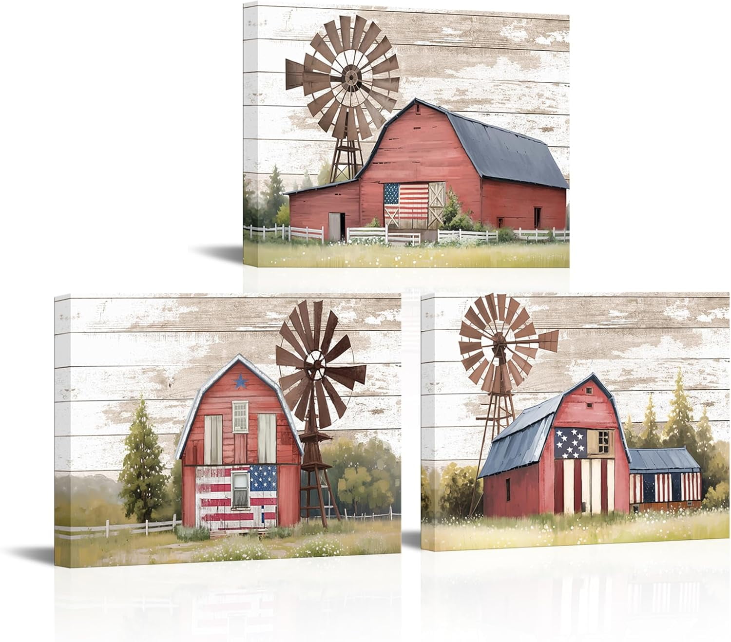 3Pcs Rustic American Barn Wall Art, Farmhouse Windmill Flag Barn ...