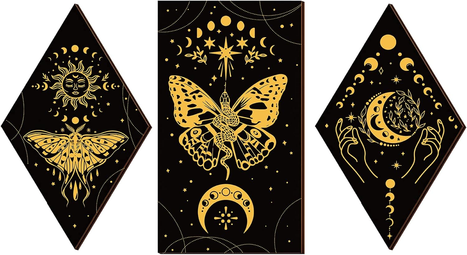 3Pcs Rustic Boho Wall Decor Moon Phases Wall Art Sun and Moon Butterfly ...