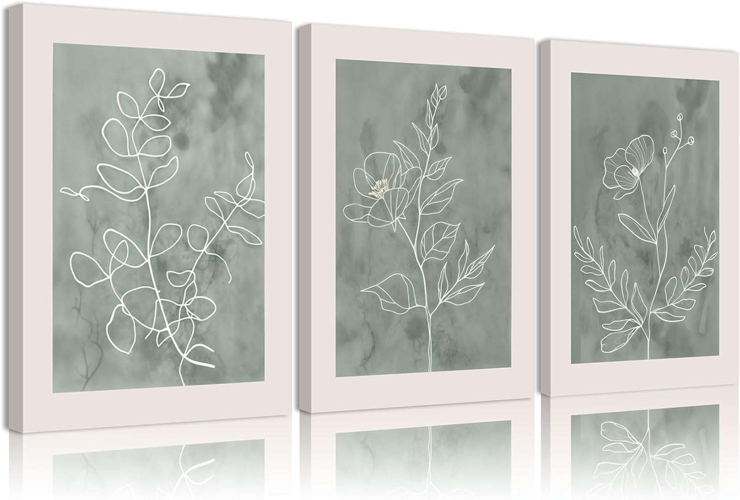 3Pcs Sage Green Botanical Wall Art Line Drawing Floral Canvas Poster Prints Modern Abstract ...