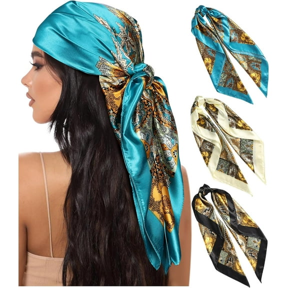 35” Large Square Satin Head Scarf - 3Pcs Satin Hair Scarves Silk ...