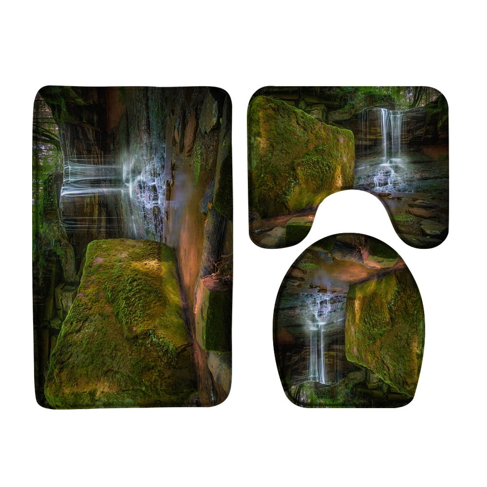 3Pcs Scenic Waterfall Bath Mat Nature Green Plant Bathroom Rug Forest ...