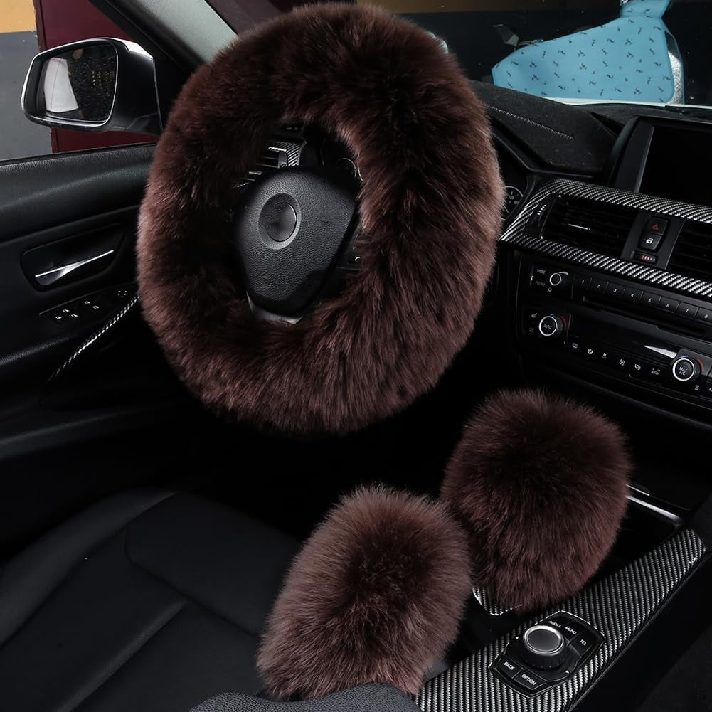 3Pcs Set Fashion Fluffy Fuzzy Wool Fur Soft Car Steering Wheel Cover ...