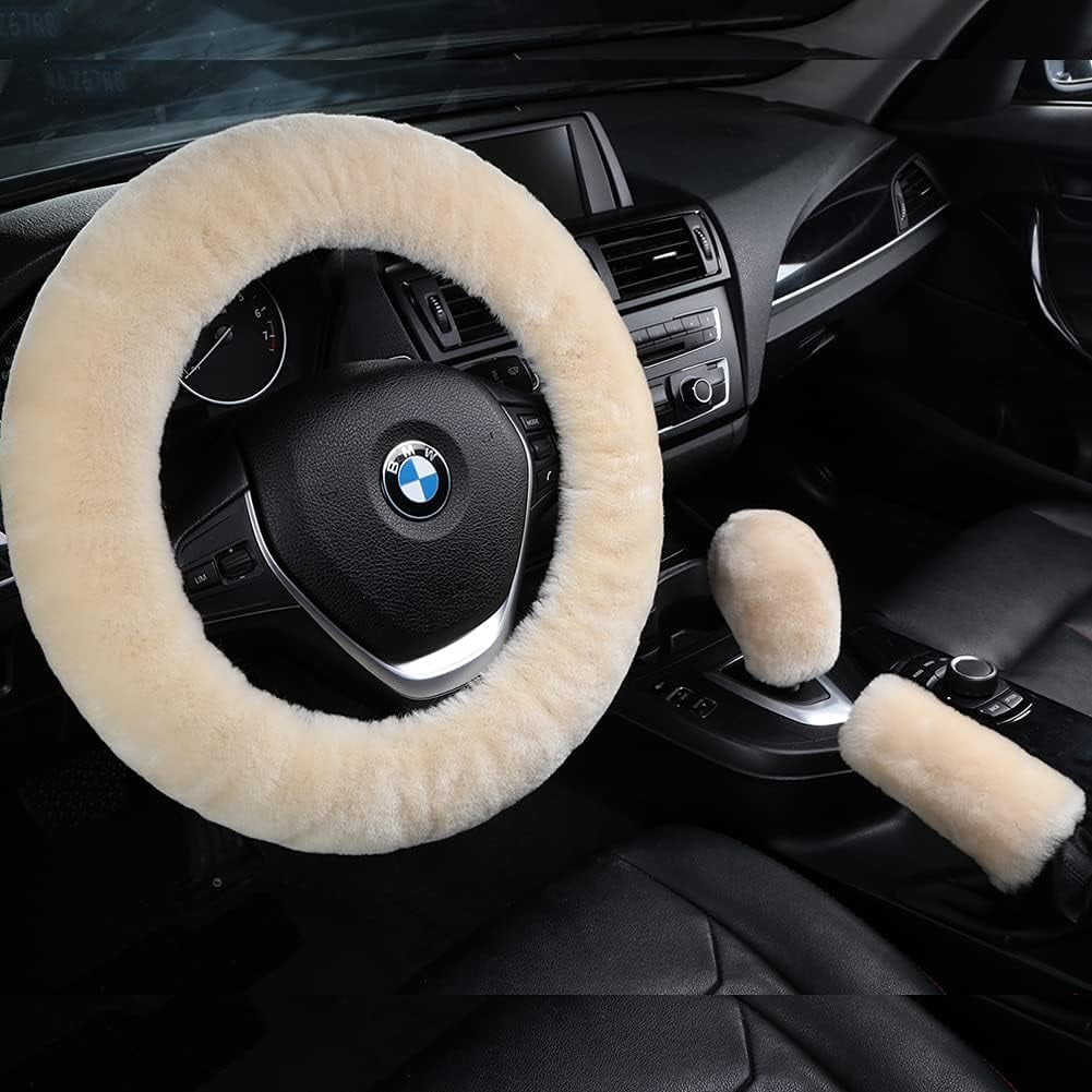 3Pcs Set Fashion Fluffy Fuzzy Wool Fur Soft Car Steering Wheel Cover ...