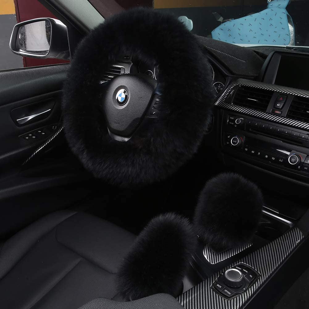 3Pcs Set Fashion Fluffy Fuzzy Wool Fur Soft Car Steering Wheel Cover ...