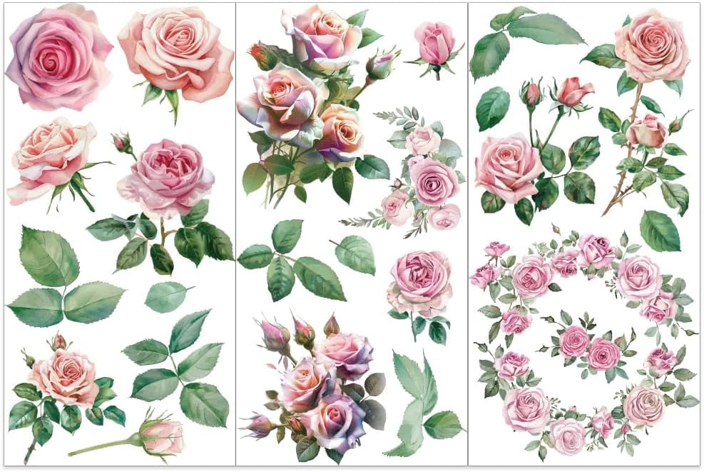 3Pcs/Set Pink Rose Rub on Transfers for Furniture 6x12 Inch Rose Decor ...
