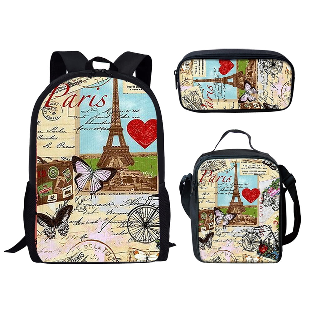 3Pcs/Set Retro Eiffel Tower Poster Pattern Backpack Student Casual Bag ...