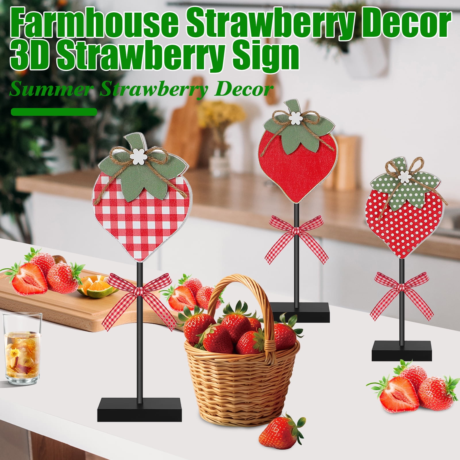 3Pcs/Set Summer Strawberry Table Sign Farmhouse Rustic Wood 3D Fruit ...