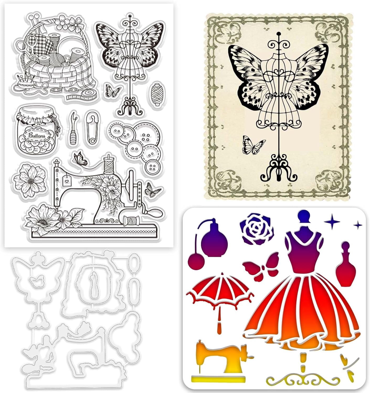 3Pcs Sewing Theme Silicone Clear Stamps Metal Skirt Cutting Die Cuts ...