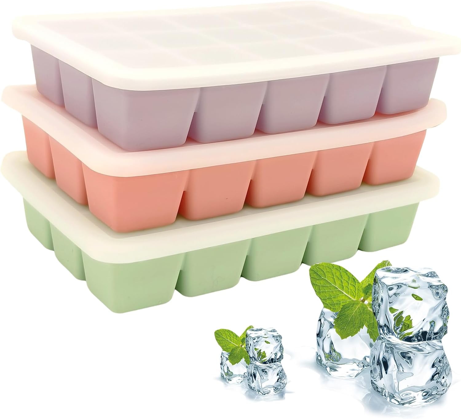 3Pcs Silicone Ice Cube Tray, Square Ice Cube Tray with Lid, Easy ...