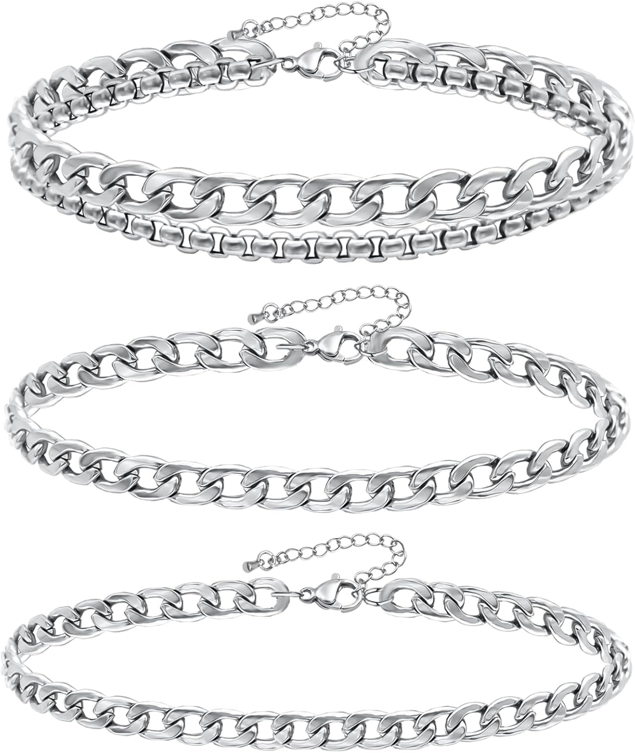 3Pcs Silver Anklet For Women 14K Cuban Anklet Silver Ankle Bracelets For Women Stainless Steel ...