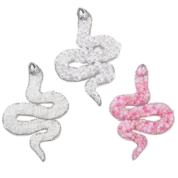 3Pcs Snake Beaded Patches White Pink Snake Shape Embroidered Sewing On ...