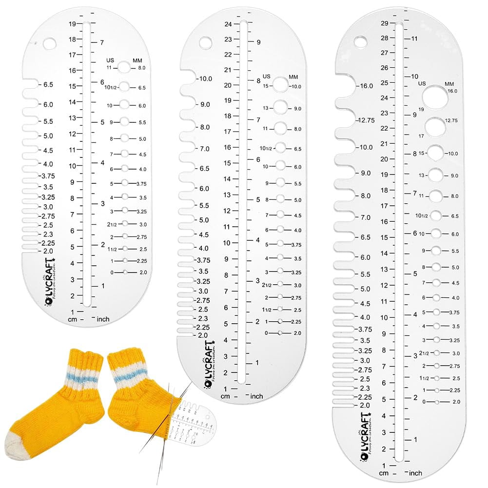 3Pcs Sock Ruler Knitting Crochet Size Measurement Hook Gauge 7/9/11 ...