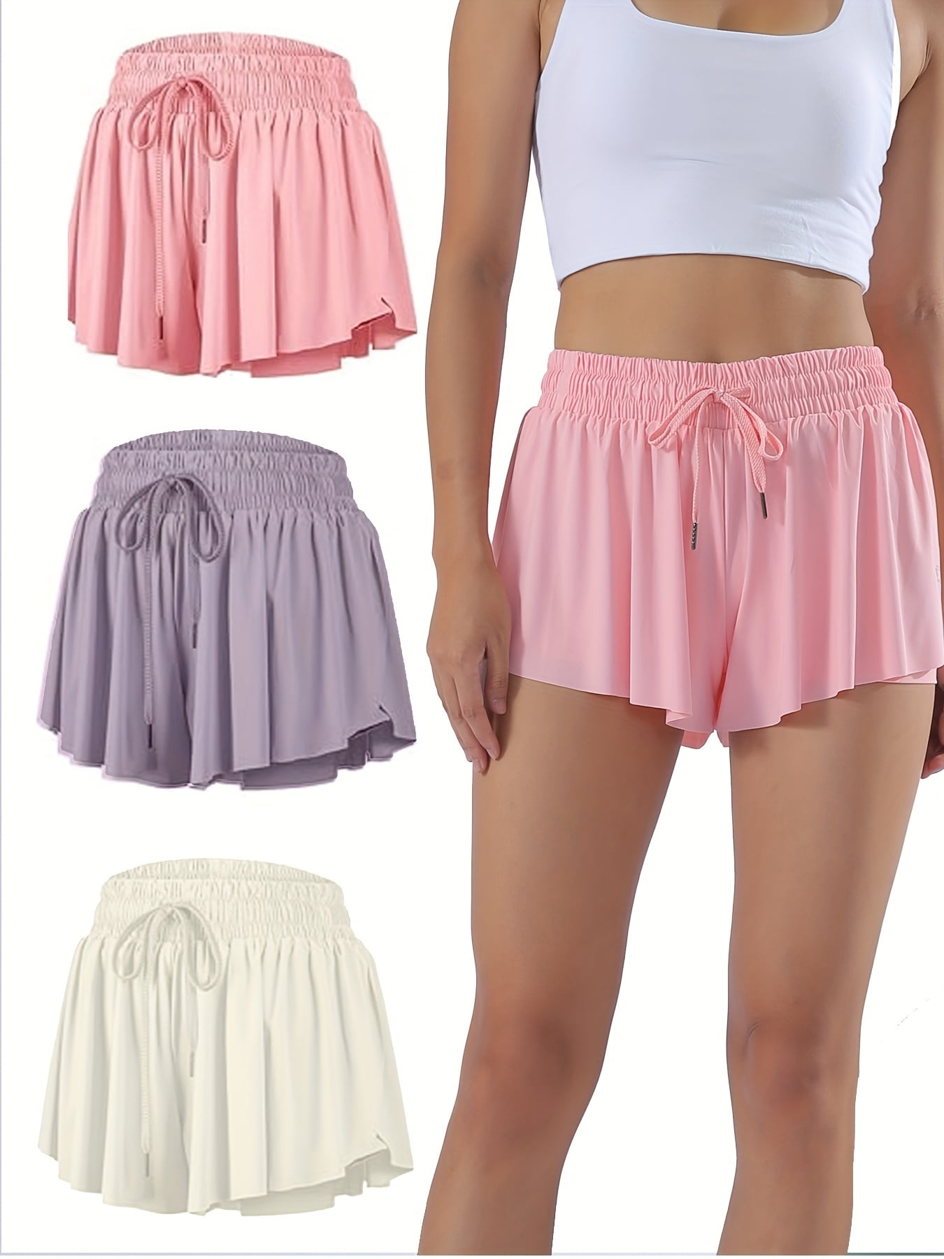 3Pcs Solid Color Comfy Sports Skorts, Drawstring Elastic Waist High ...