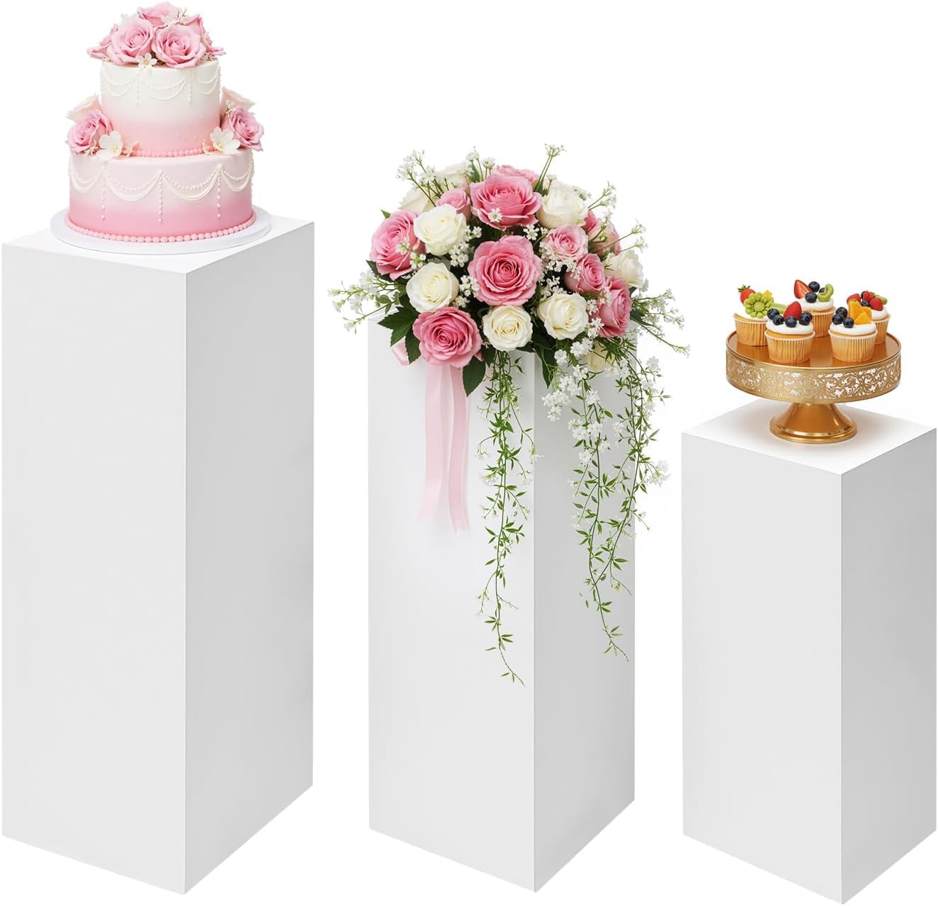 3Pcs Square Pedestal Stands for Parties, White Metal Display Plinth ...