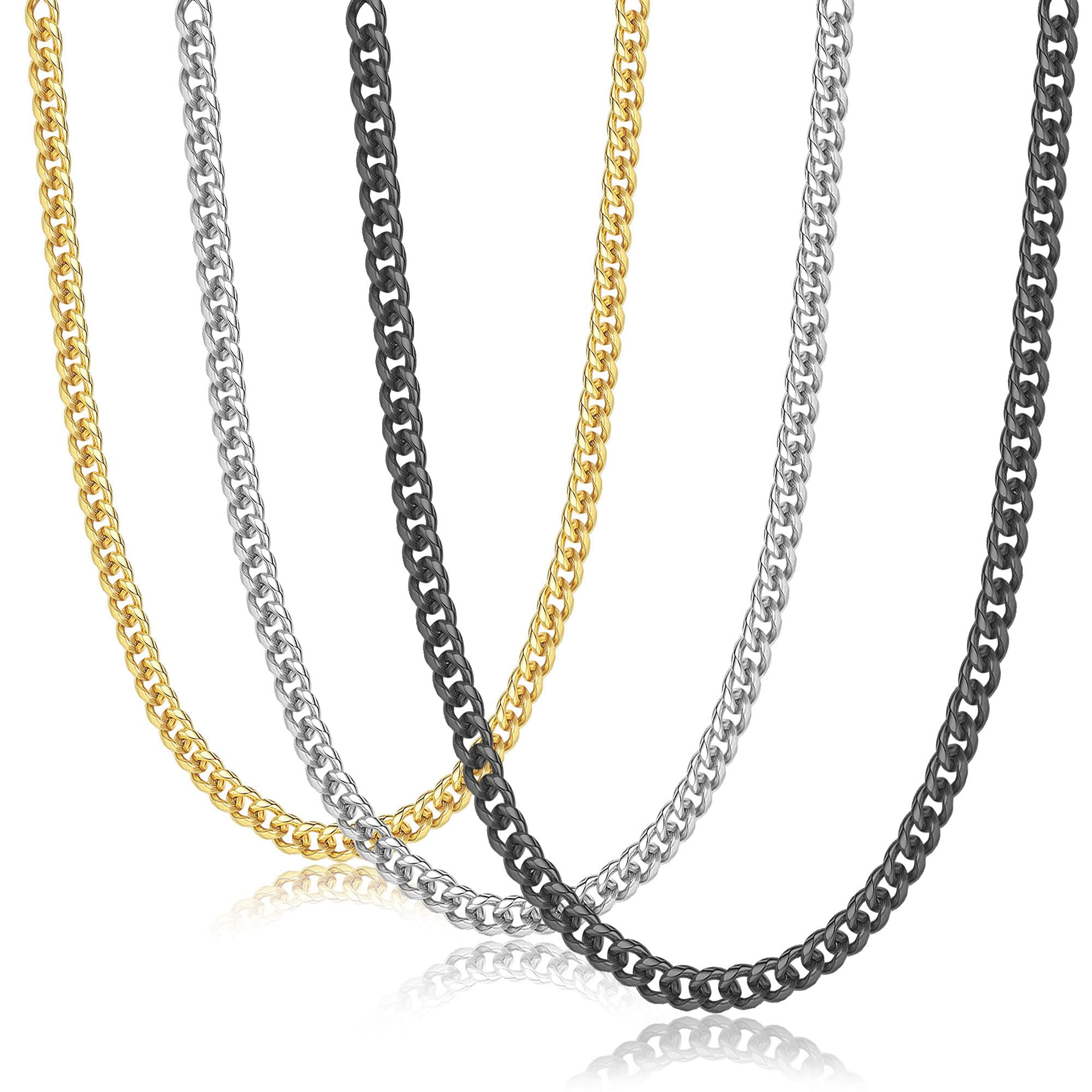 3Pcs Stainless Steel Chain Necklace for Men, 18K Gold Plated Silver ...