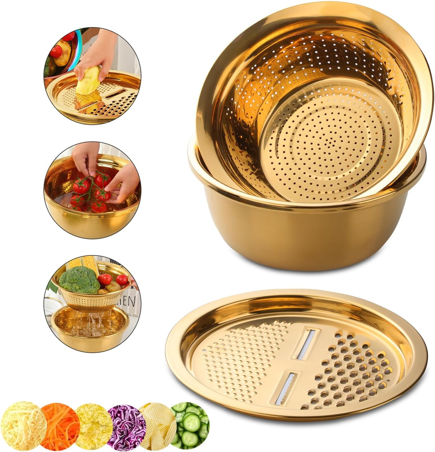 3Pcs Stainless Steel Colander Kitchen Tool, 3 in 1 Drain Basket Fruit ...