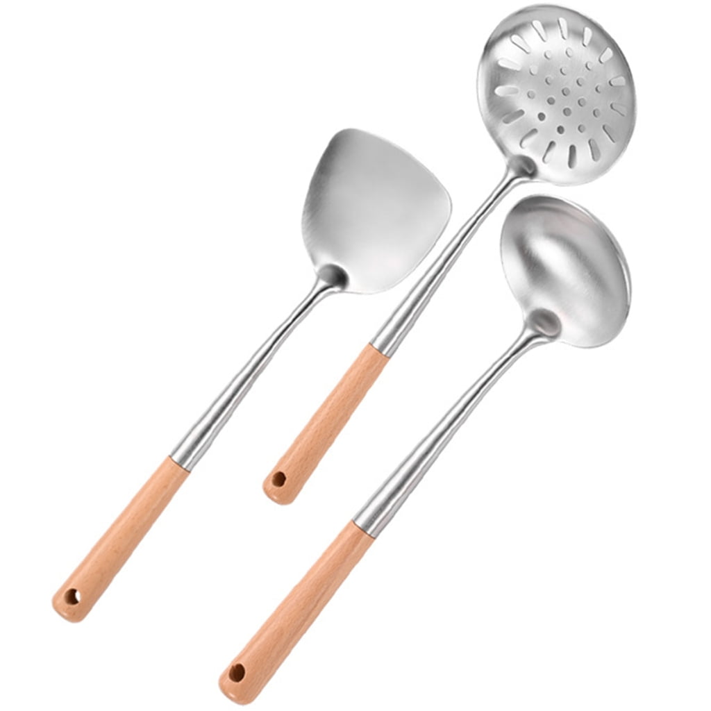 3Pcs Stainless Steel Cooking Utensils Wood Handle Spatula Spoon Wok ...