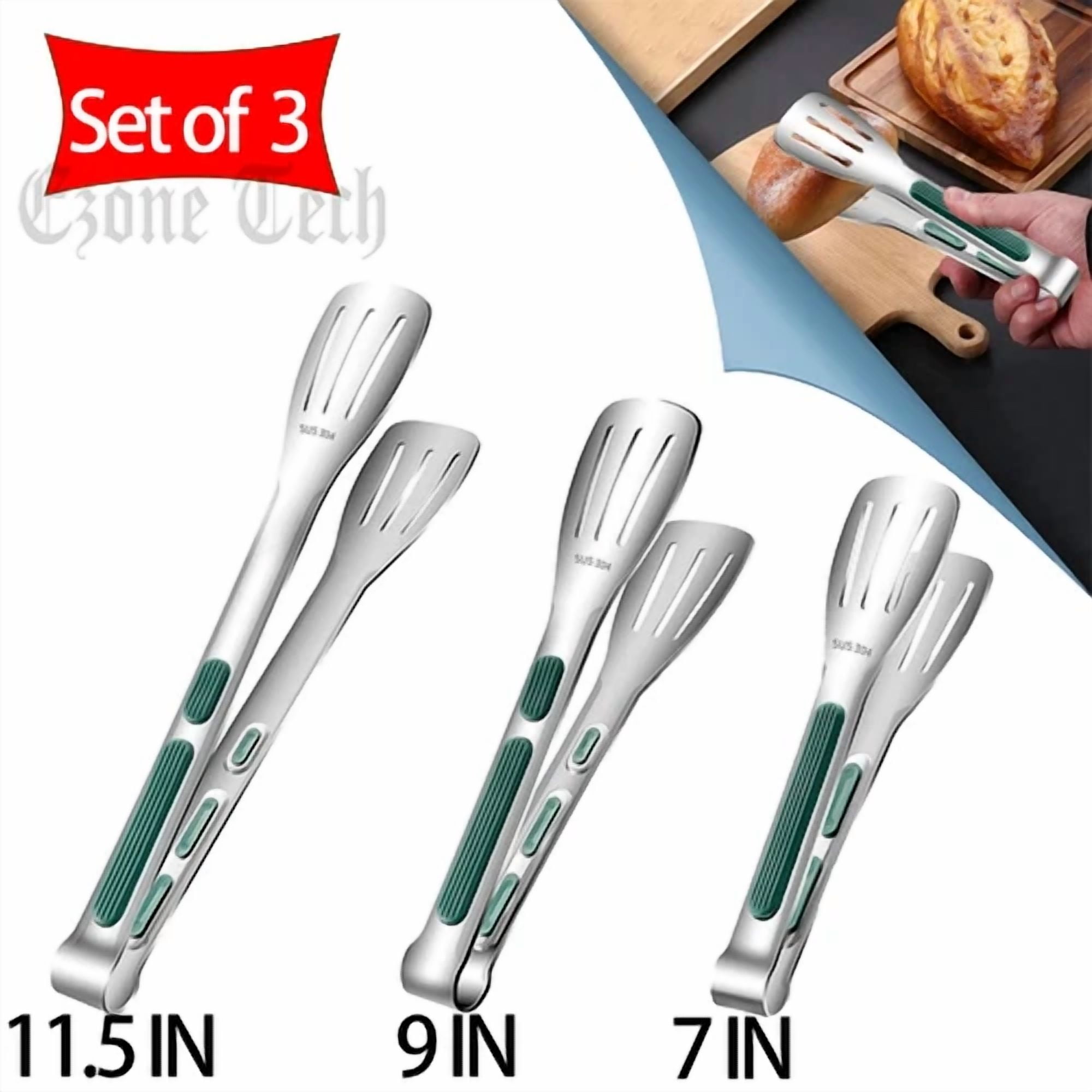 3Pcs Stainless Steel Kitchen Tongs Silicone Food Tongs Non-Slip Steak ...