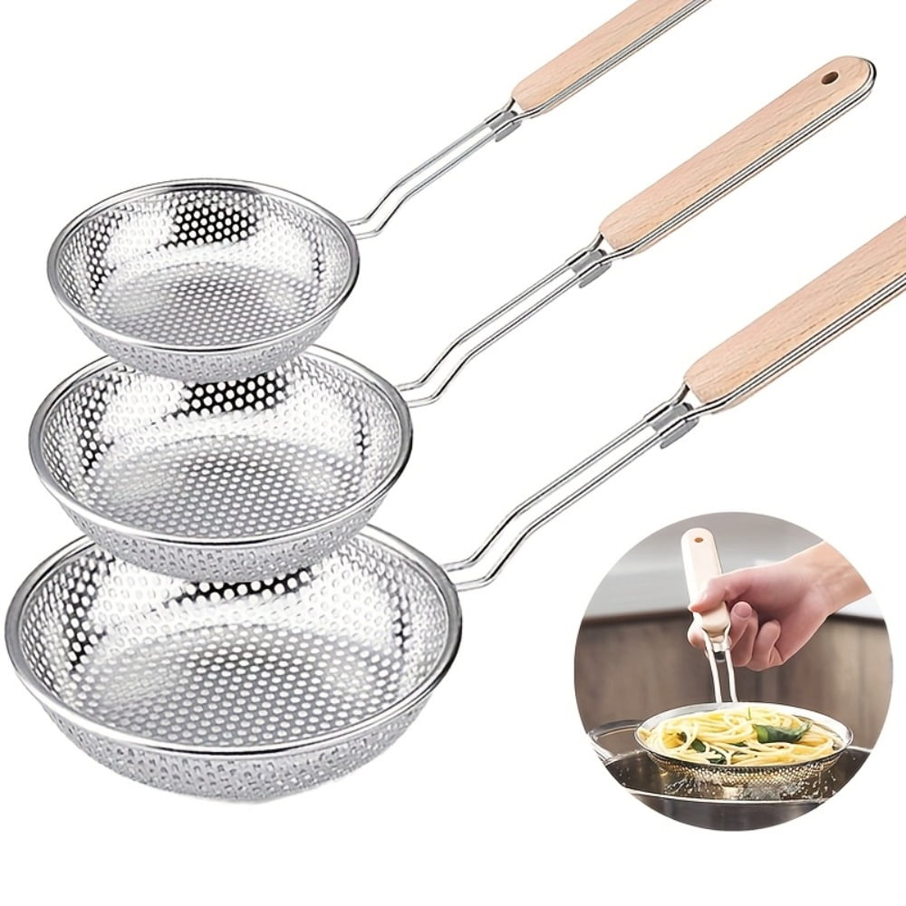 3Pcs Stainless Steel Wooden Handle Strainers, 410 Grade Fine Mesh ...