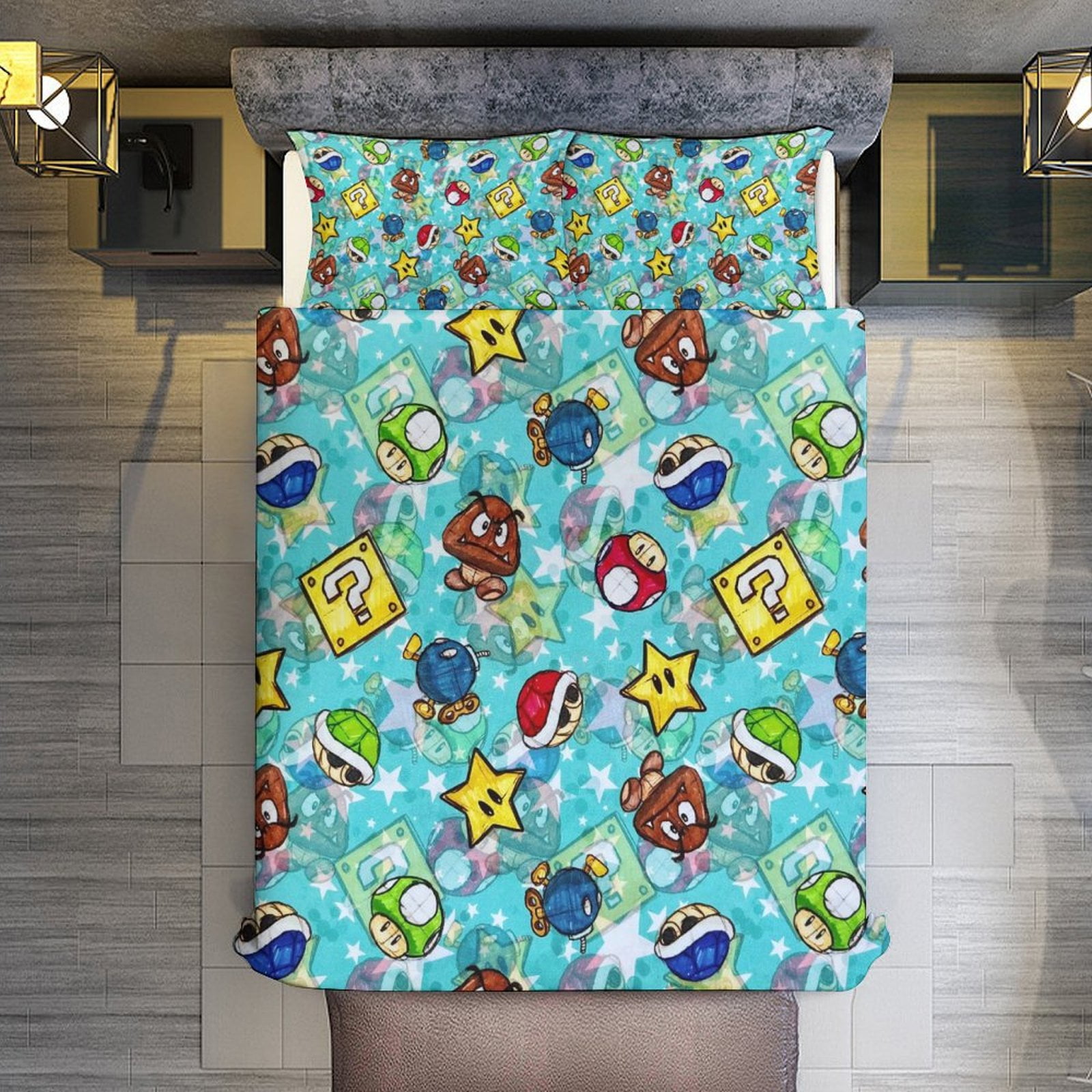 3Pcs Star Super-Mario Luigi Mushroom Goomba Duvet Cover with 2 ...