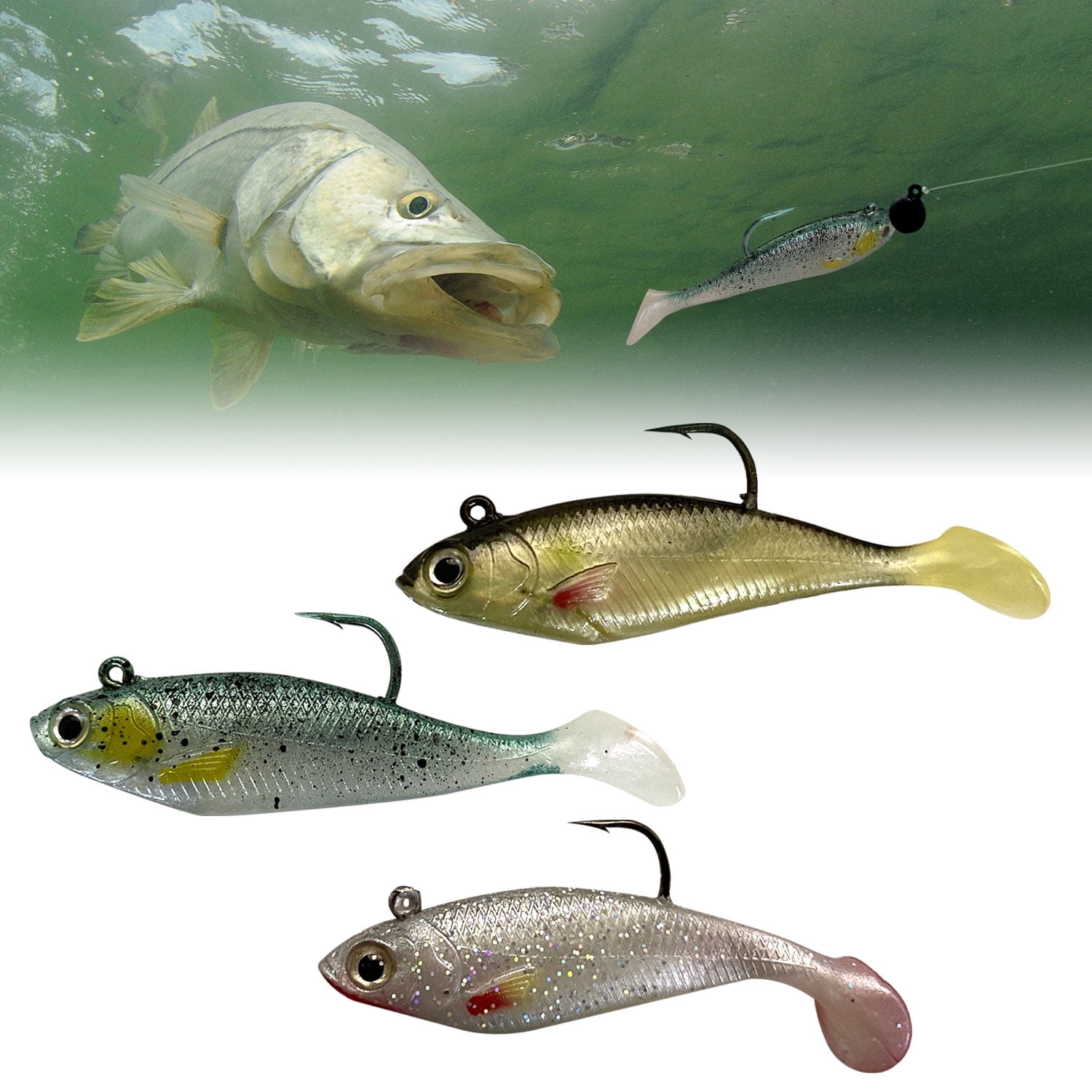 3Pcs Swim Baits for Bass Fishing Pre-Rigged Bass Lures with Weighted ...