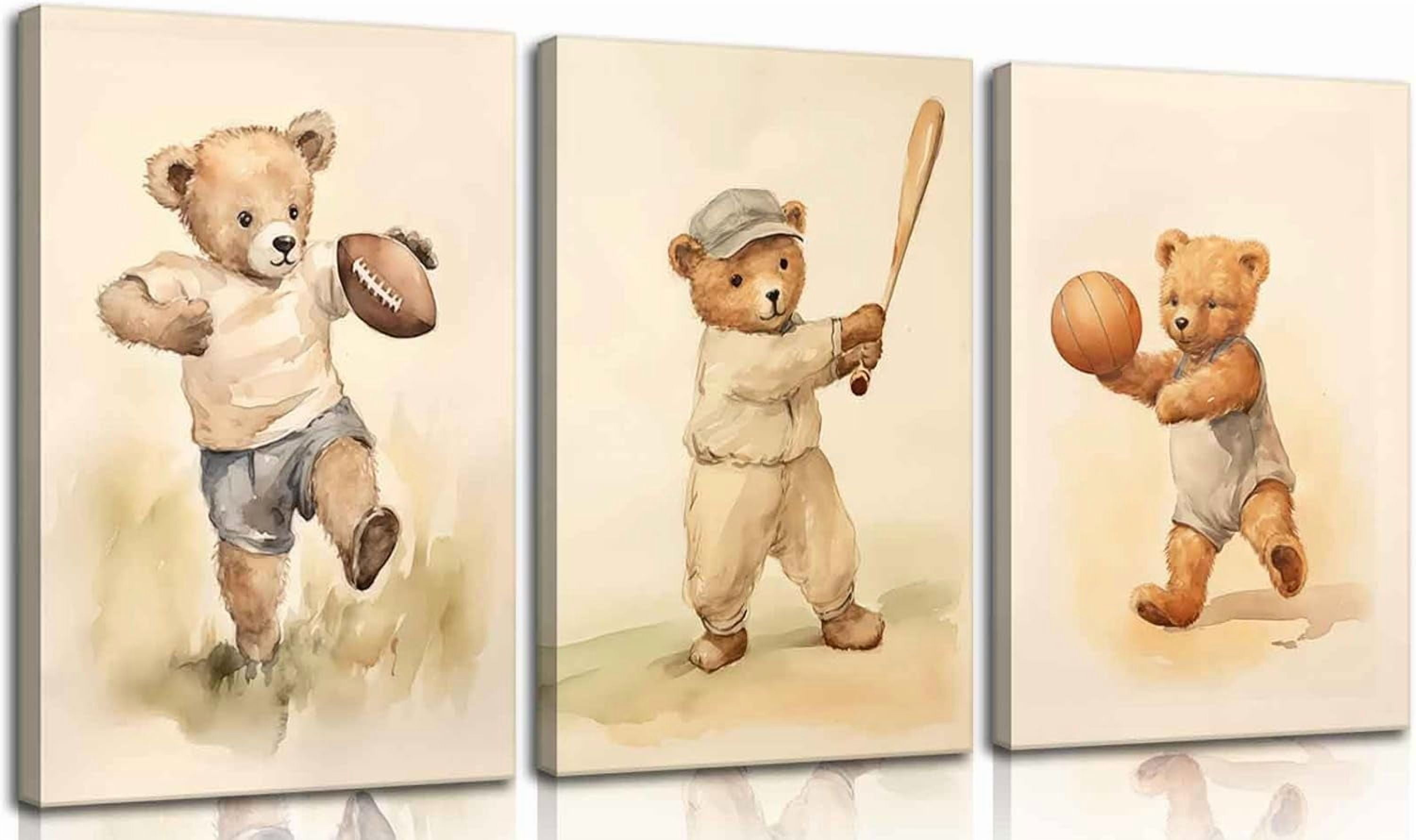 3Pcs Teddy Bear Sports Nursery Animal Canvas Wall Art Cute Woodland ...