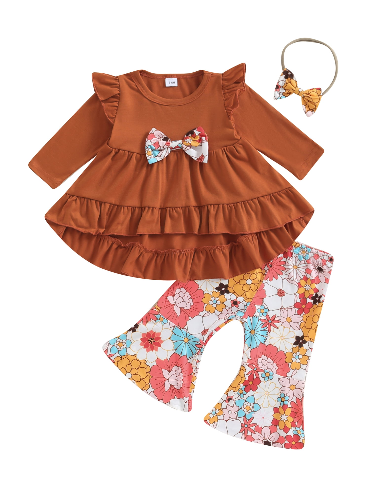 3Pcs Toddler Baby Girl Outfit Ruffle Long Sleeve Dress Tops and Flare ...