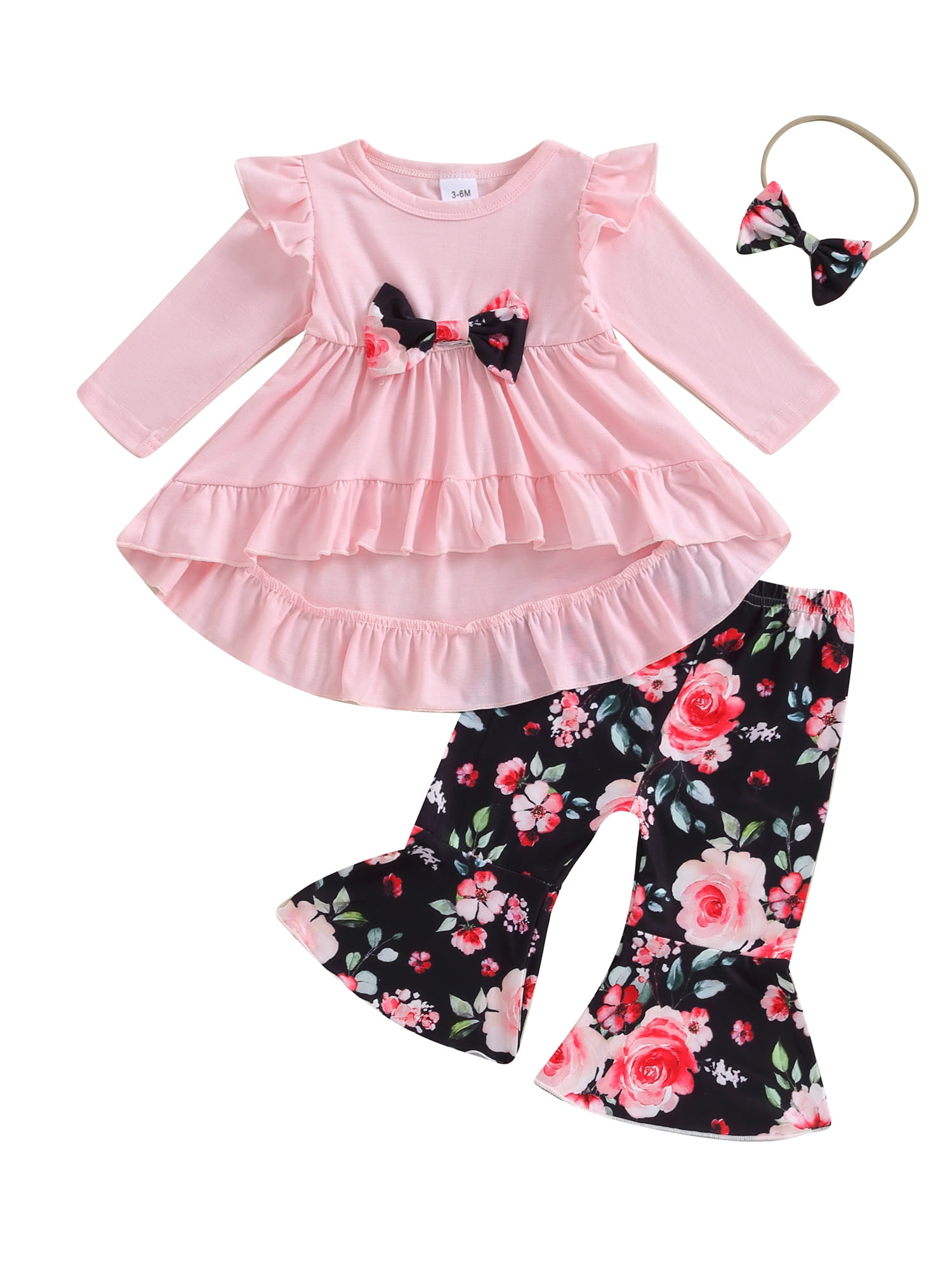 3Pcs Toddler Baby Girl Outfit Ruffle Long Sleeve Dress Tops and Flare ...
