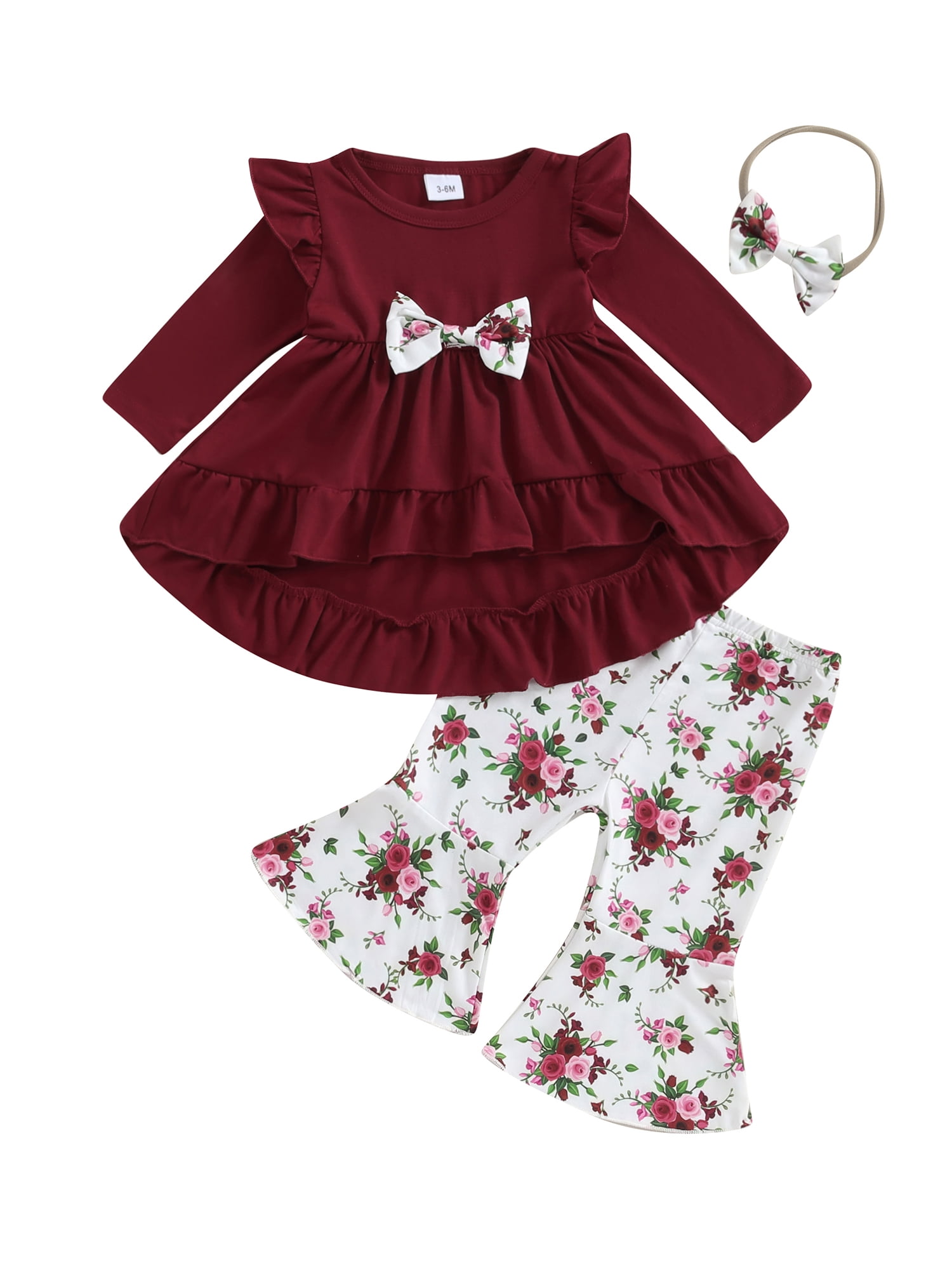 3Pcs Toddler Baby Girl Outfit Ruffle Long Sleeve Dress Tops and Flare ...