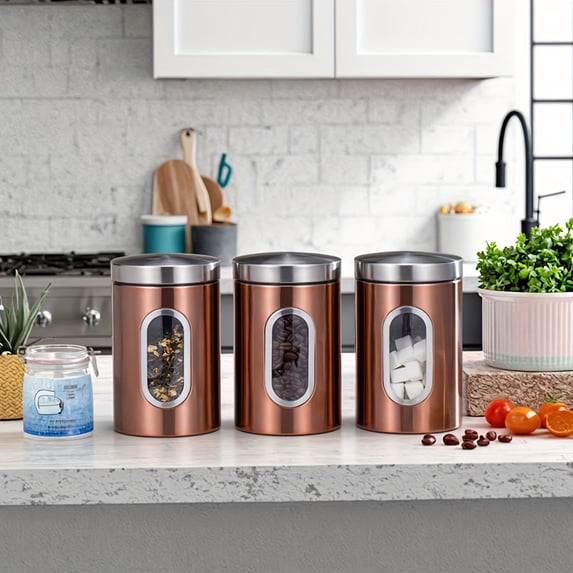 3Pcs Transparent Copper Tone Stainless Steel Airtight Food Containers ...