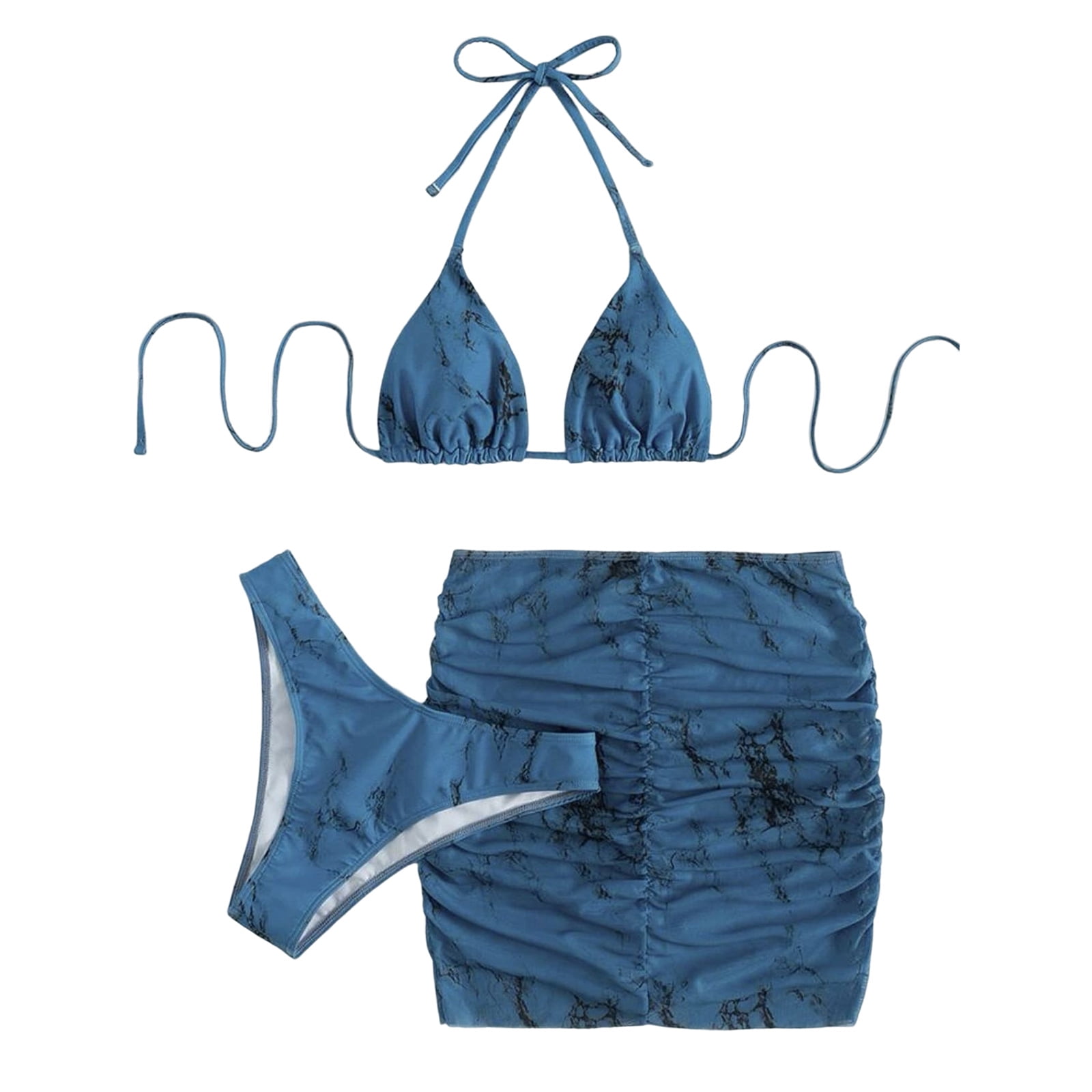 3Pcs Triangle-Bikini and Skirt Swimsuit Sets Marble Printing Bathing ...