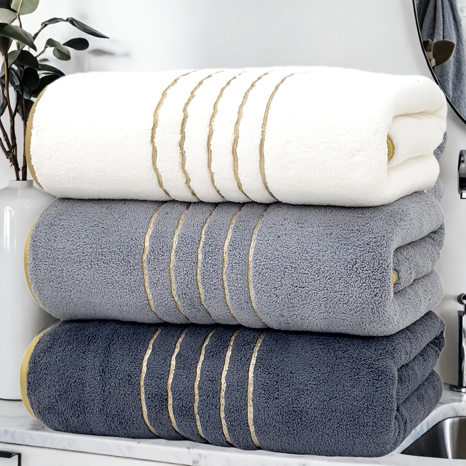 3Pcs Ultra-Soft Coral Terry Towel Set (70 x 140 cm) Highly Absorbent ...