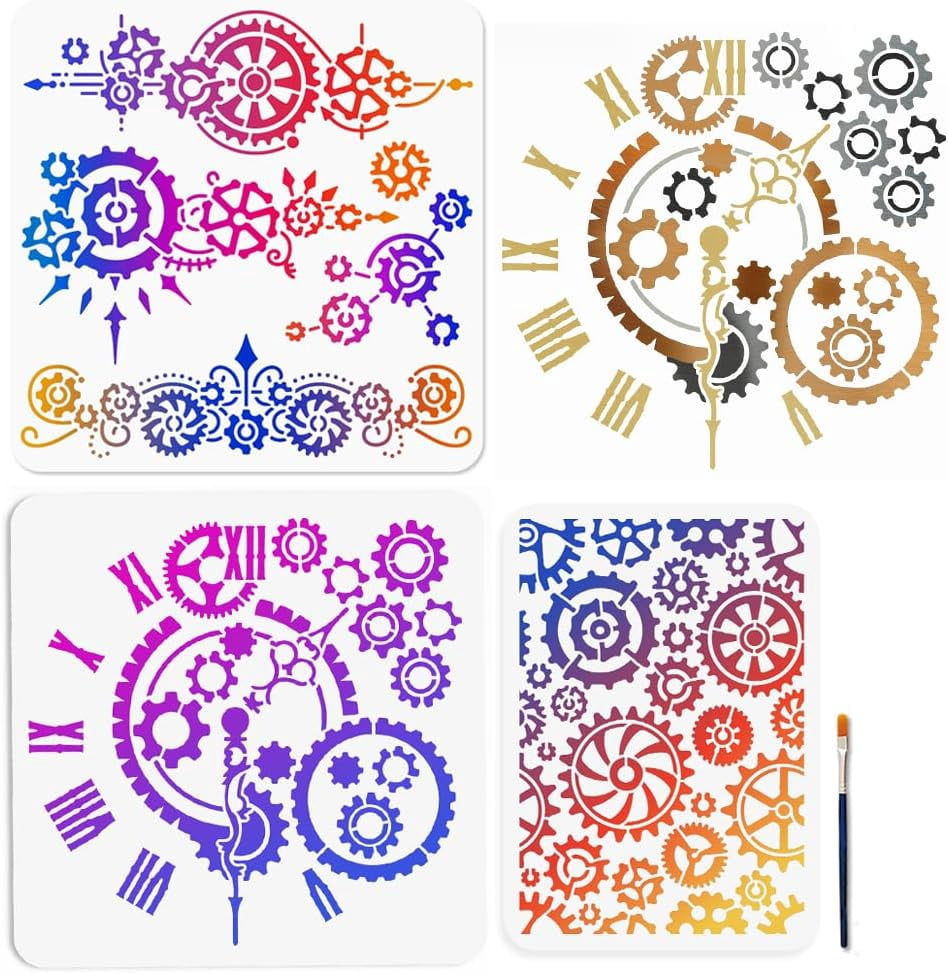 3Pcs Vintage Gear Stencils Mechanical Art Painting Stencil 11.8×11.8/11 ...