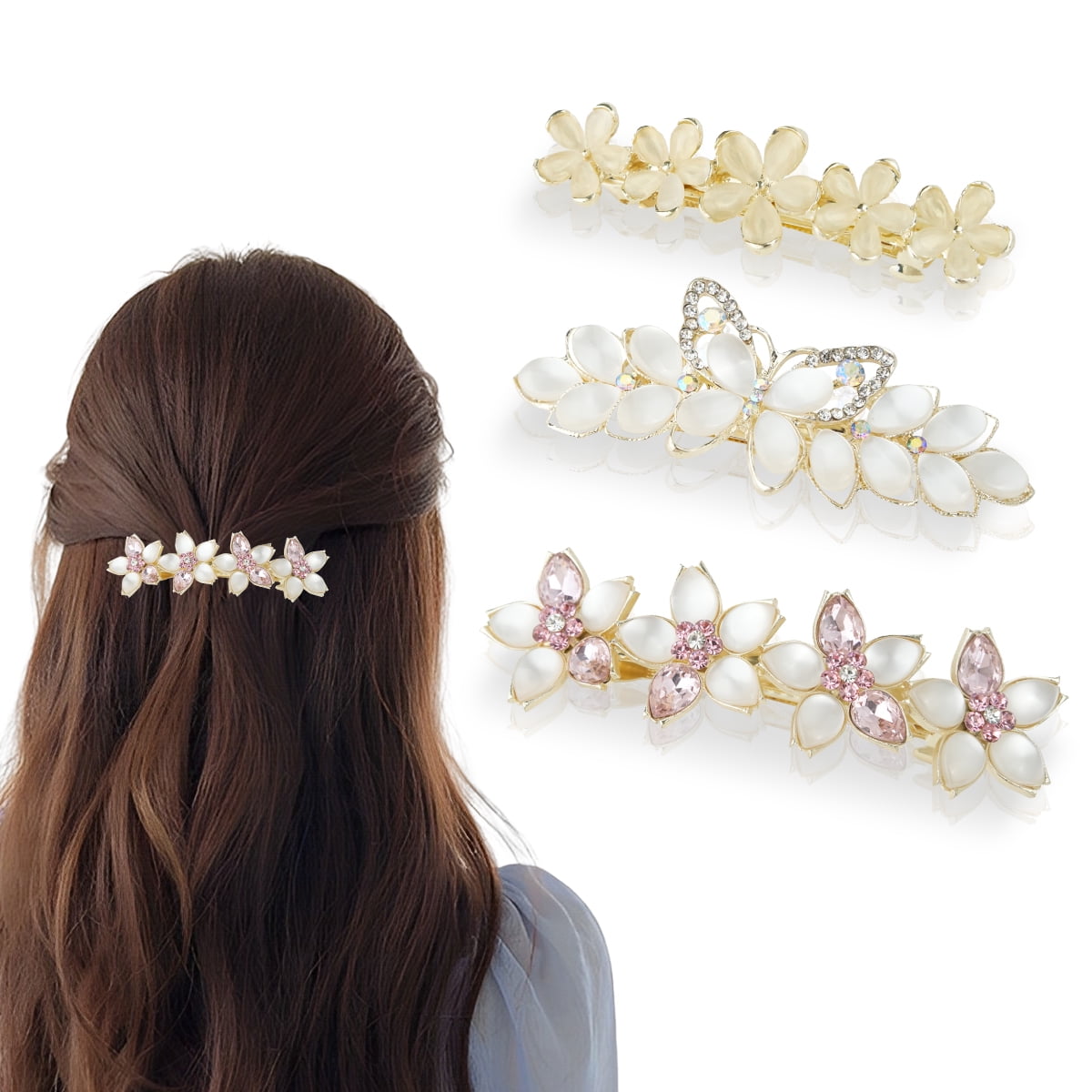 3Pcs Vintage Rhinestone Hair Barrettes, Flower Opal Hair Clips, Fancy ...