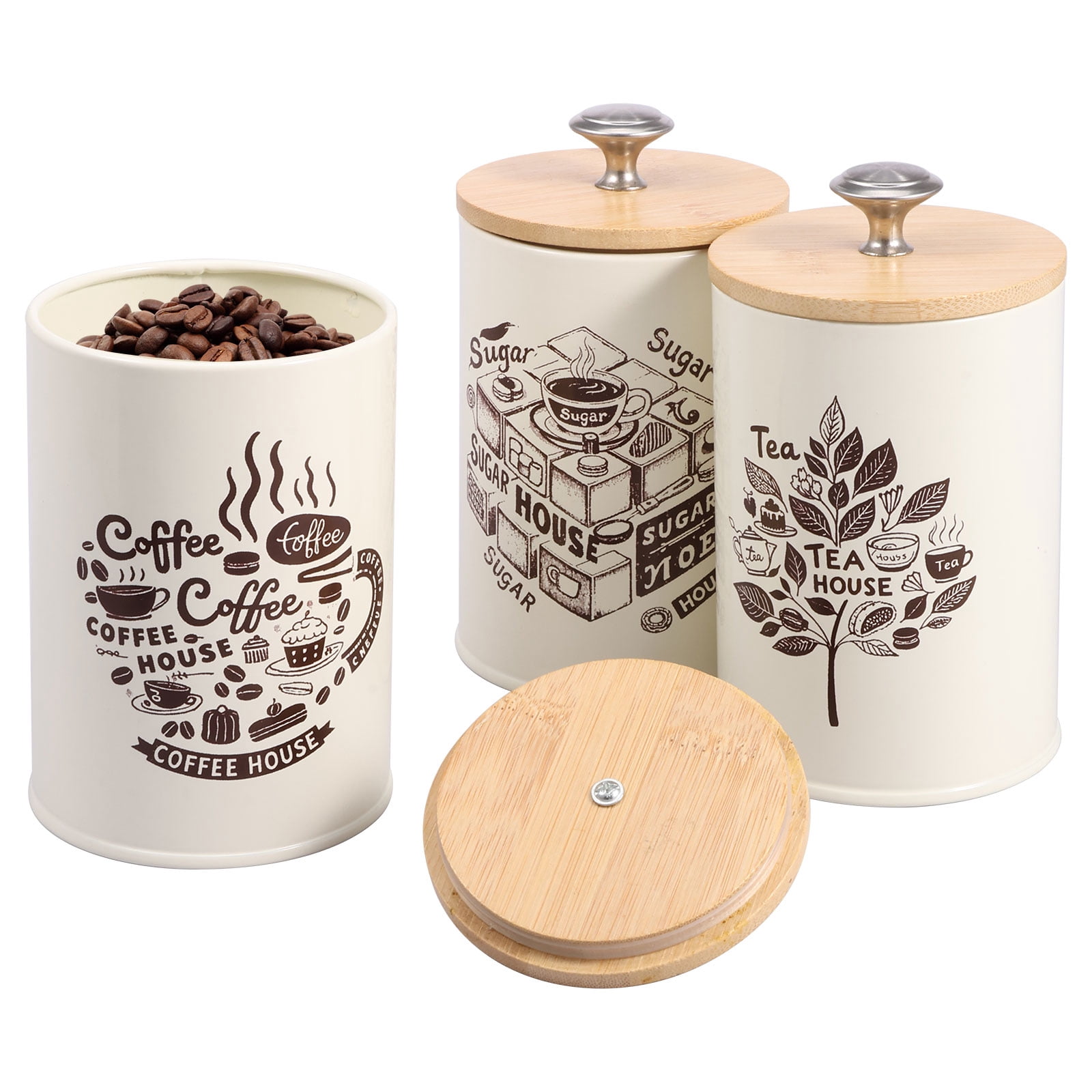 3Pcs Vintage Tea Coffee Sugar Canister Set Metal Coffee Tea Sugar ...