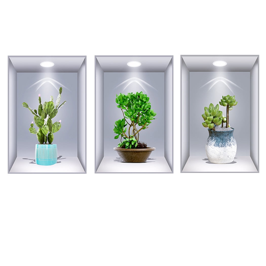 3Pcs Wall Stickers Green Potted Plants 3D Mural DIY Art Decals Vinyl ...