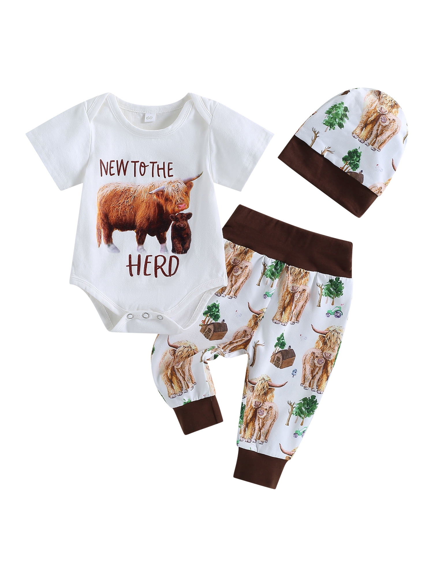 3Pcs Western Newborn Baby Boy Summer Clothes New to The Herd Onesie Cow Print Jogger Pants ...